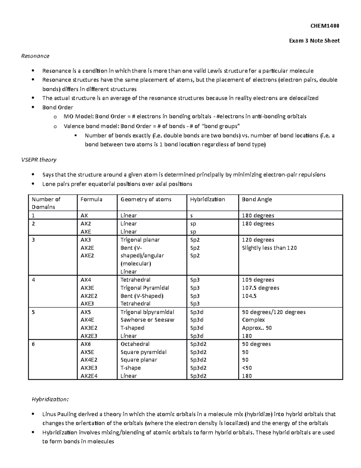 CHEM1400 Exam 3 Master Note Sheet on Resonance & Hybridization - Studocu