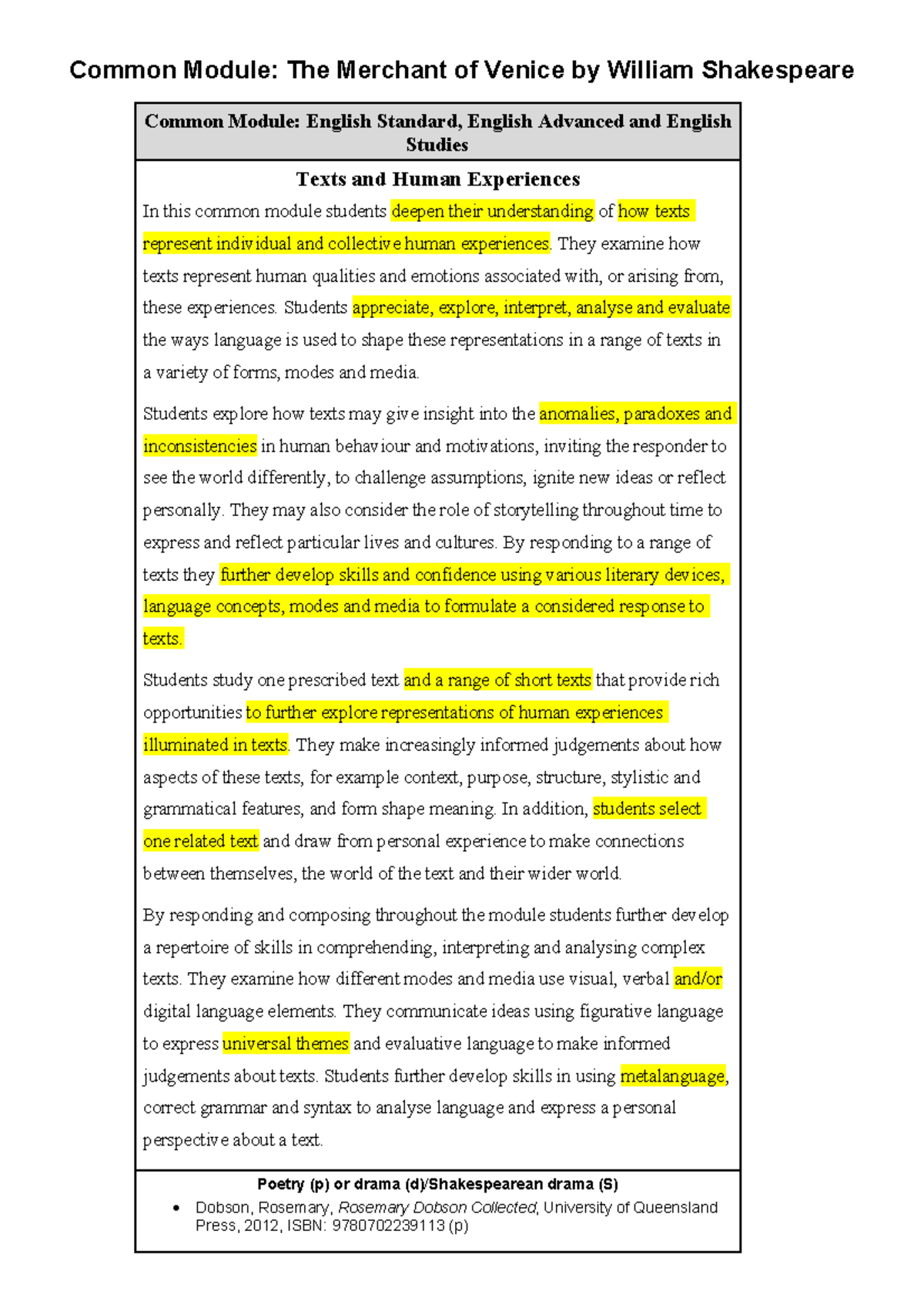 Common Module Rubric - Common Module: The Merchant of Venice by William ...