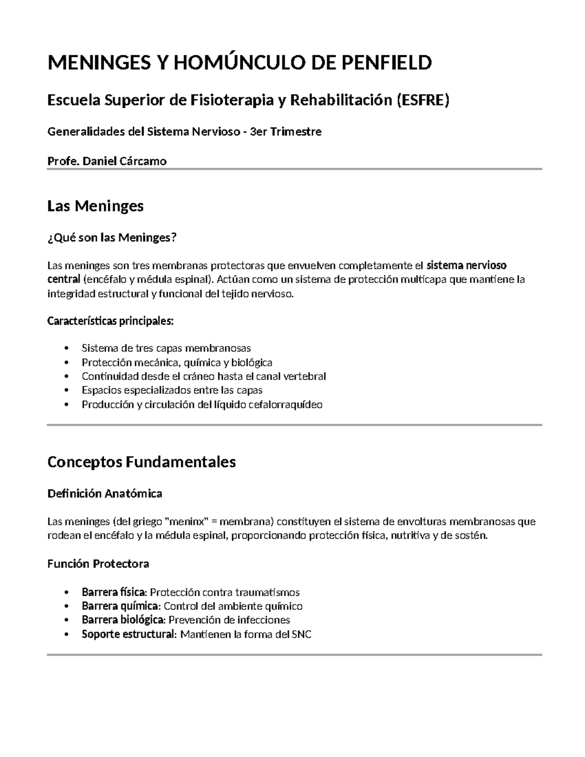 Meninges y Homúnculo de Penfield: Generalidades del SNC - ESFRE - Studocu