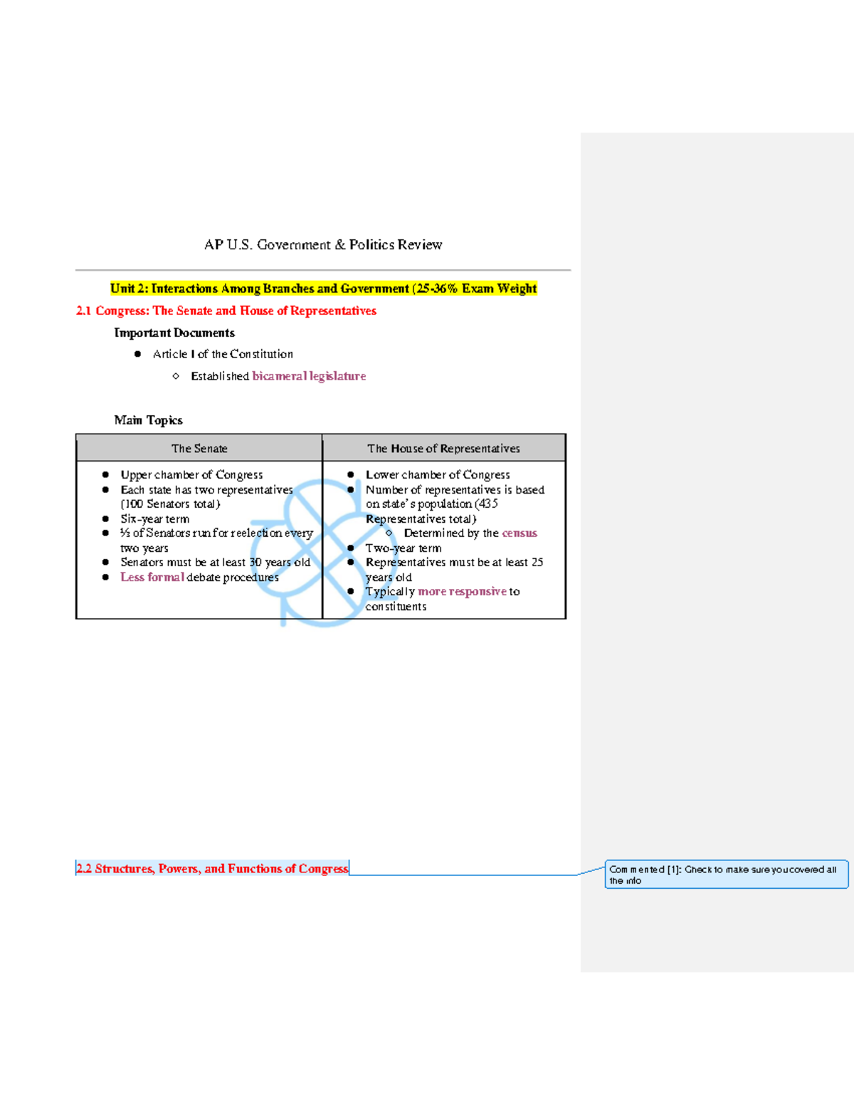 AP-Gov-Unit-2 Review: Interactions Among Government Branches - Studocu