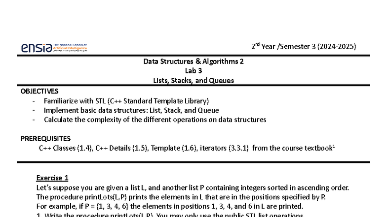 Lab 3 - Data Structures: Lists, Stacks, and Queues (CS 2nd Year) - Studocu