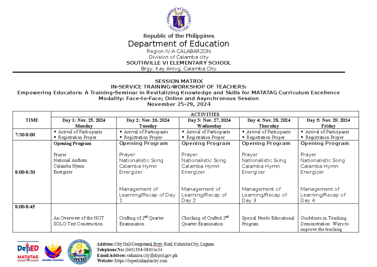 SVES6 In-Service Training Workshop 2024 Session Matrix - Studocu