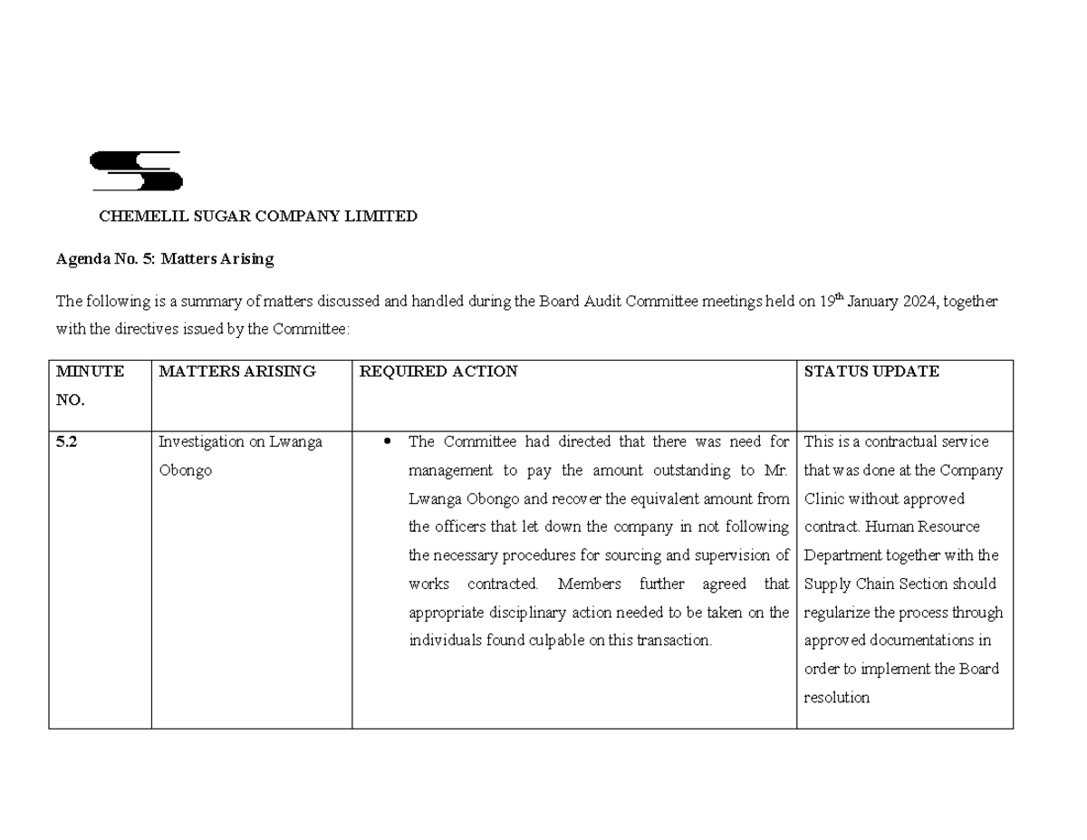 CHEMELIL SUGAR CO. LTD BAC Meeting Summary - Matters Arising 19/01/24 ...