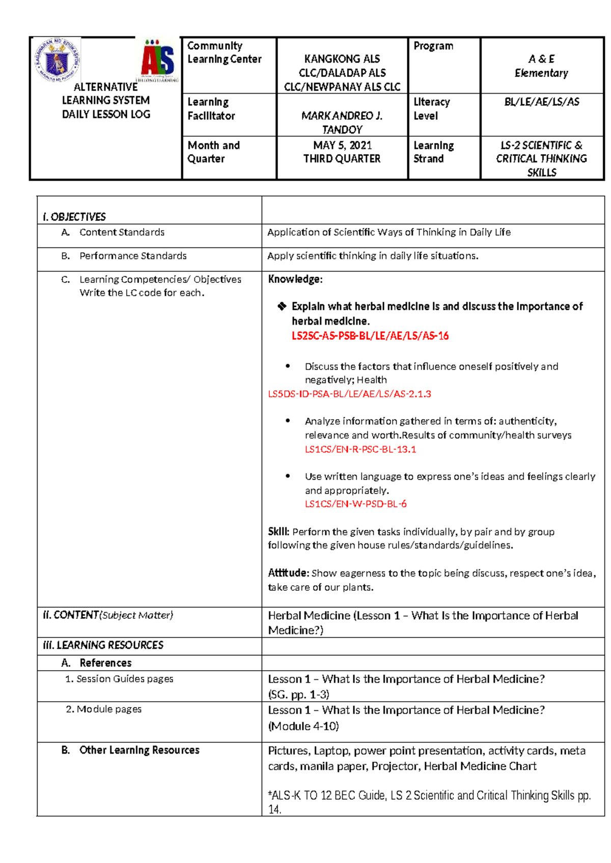 DLL Herbal Medicine Lesson Plan - Kangkong ALS - May 2021 - Studocu