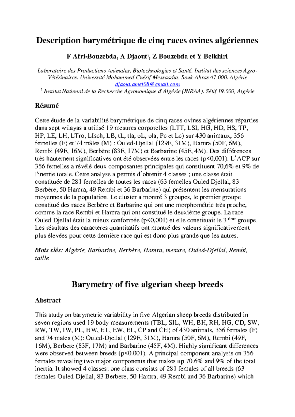 Barymetry Study of Algerian Sheep Breeds: Insights and Findings - Studocu