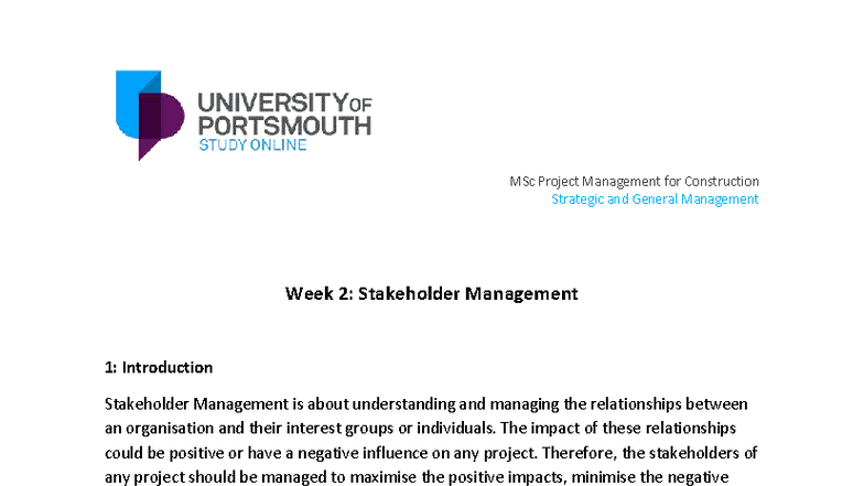 MSc Project Management for Construction: Week 2 Stakeholder Management ...