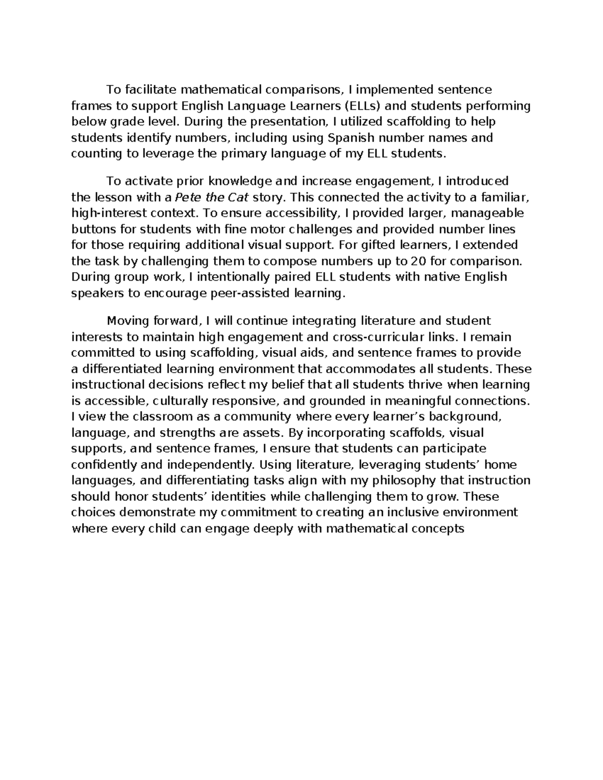 Reflection on ELL Strategies in Math Instruction - HMN1 Task 2 - Studocu