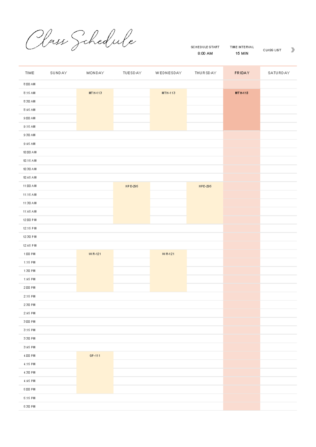 Student schedule 1 - Sample template - SCHEDULE START TIME INTERVAL 8: ...