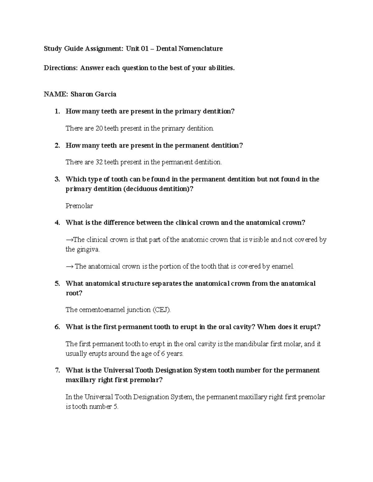 Study Guide: Unit 01 - Dental Nomenclature Assignment - Studocu
