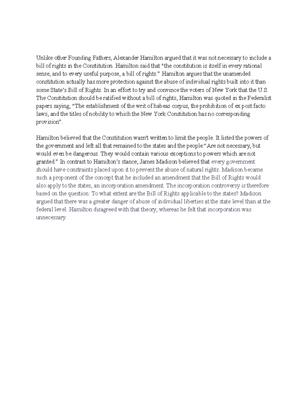 HW 2 - Analysis of Hamilton and Madison on Rights & Incorporation - Studocu