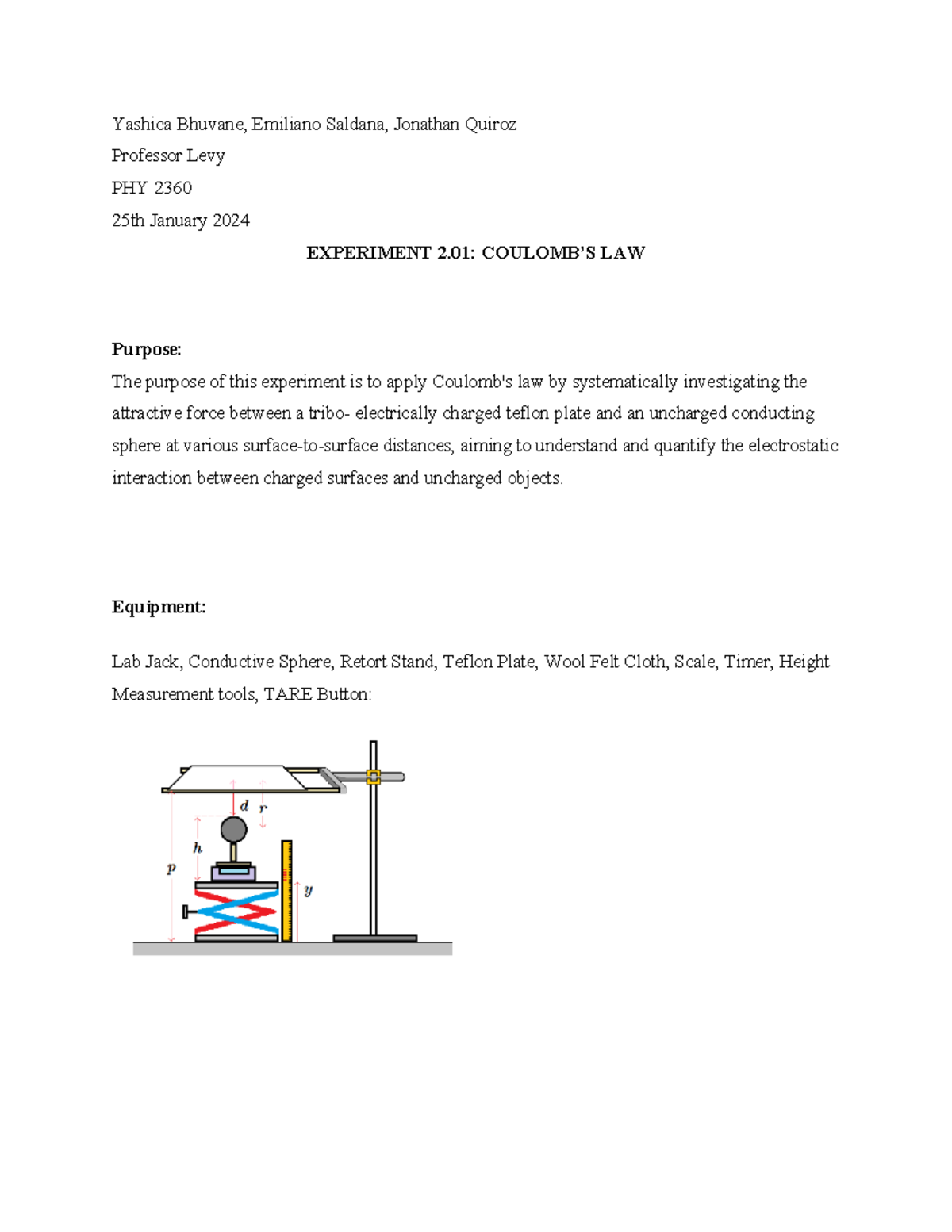 PHY 2360 Lab Report: Experiment 2.01 on Coulomb's Law - Studocu