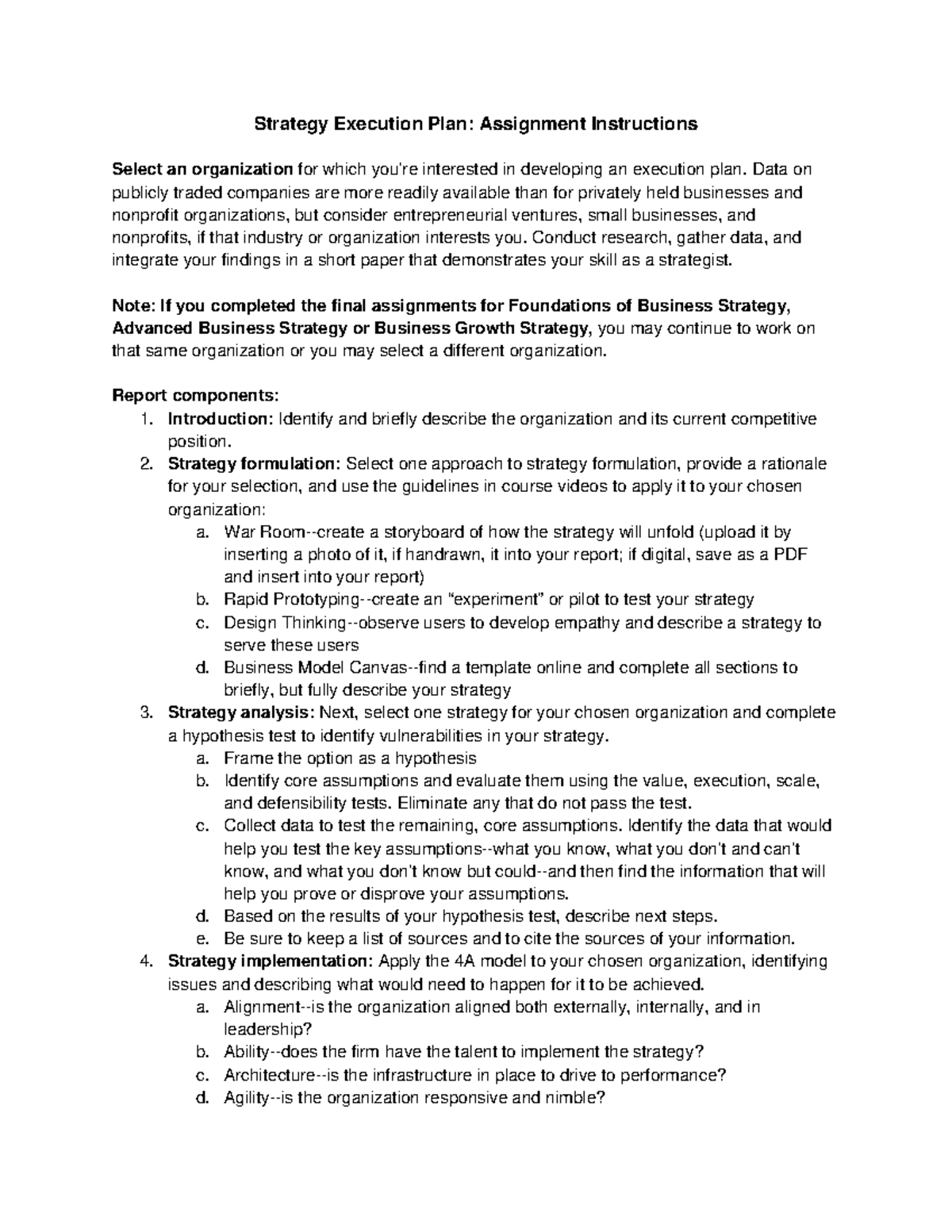 SPE 101: Strategy Execution Plan Assignment Guidelines - Studocu