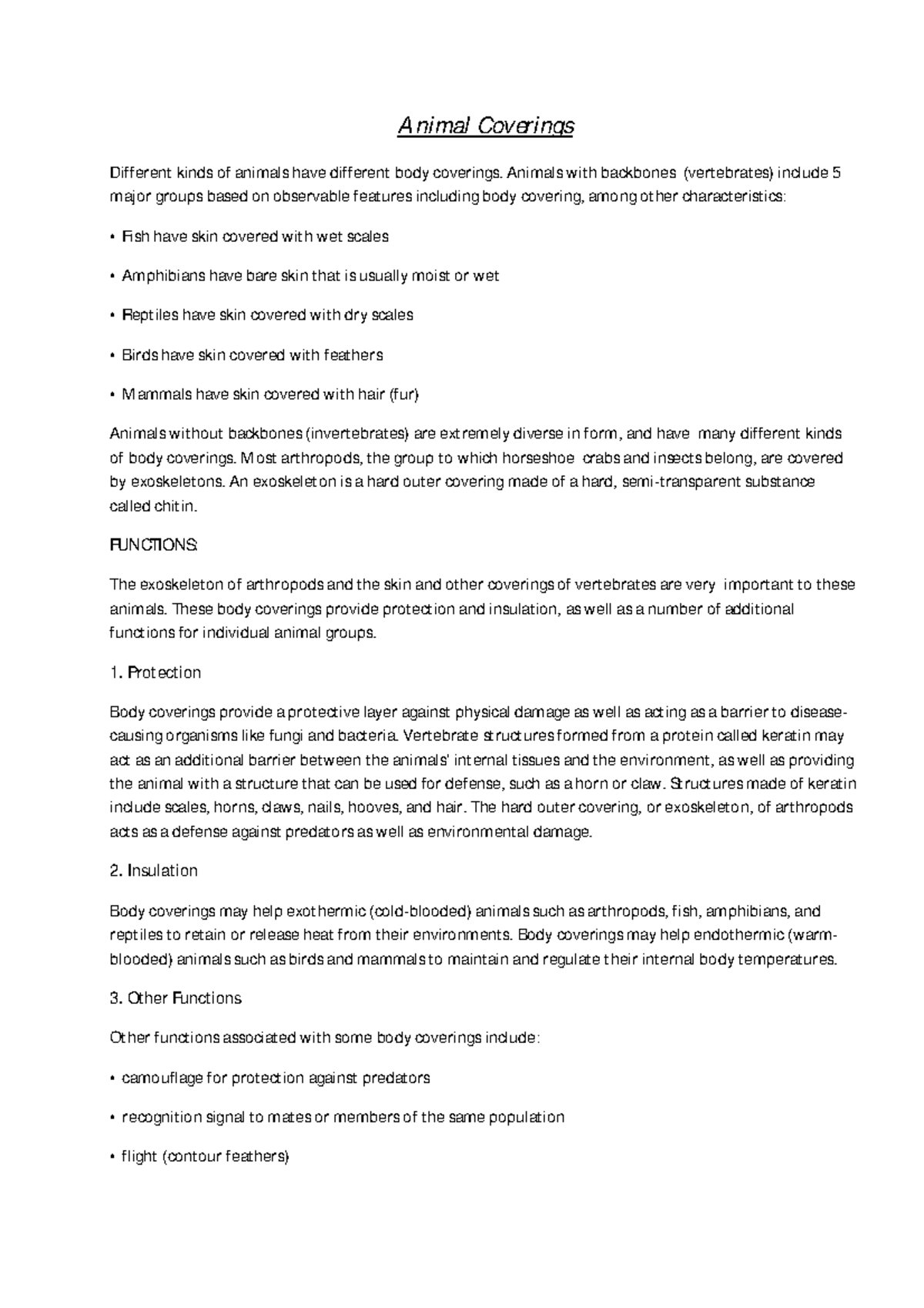 Animal Coverings Notes: Vertebrates & Invertebrates Insights - Studocu