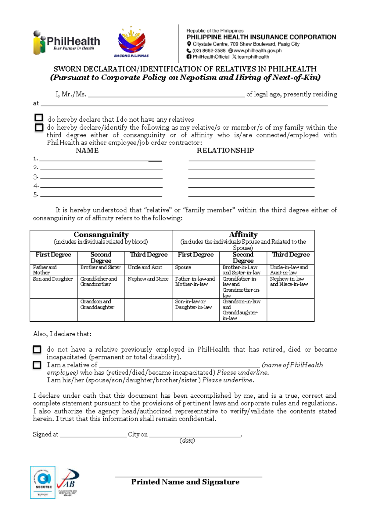 Sworn Declaration of Relatives in PhilHealth (2024 ISO) - Studocu