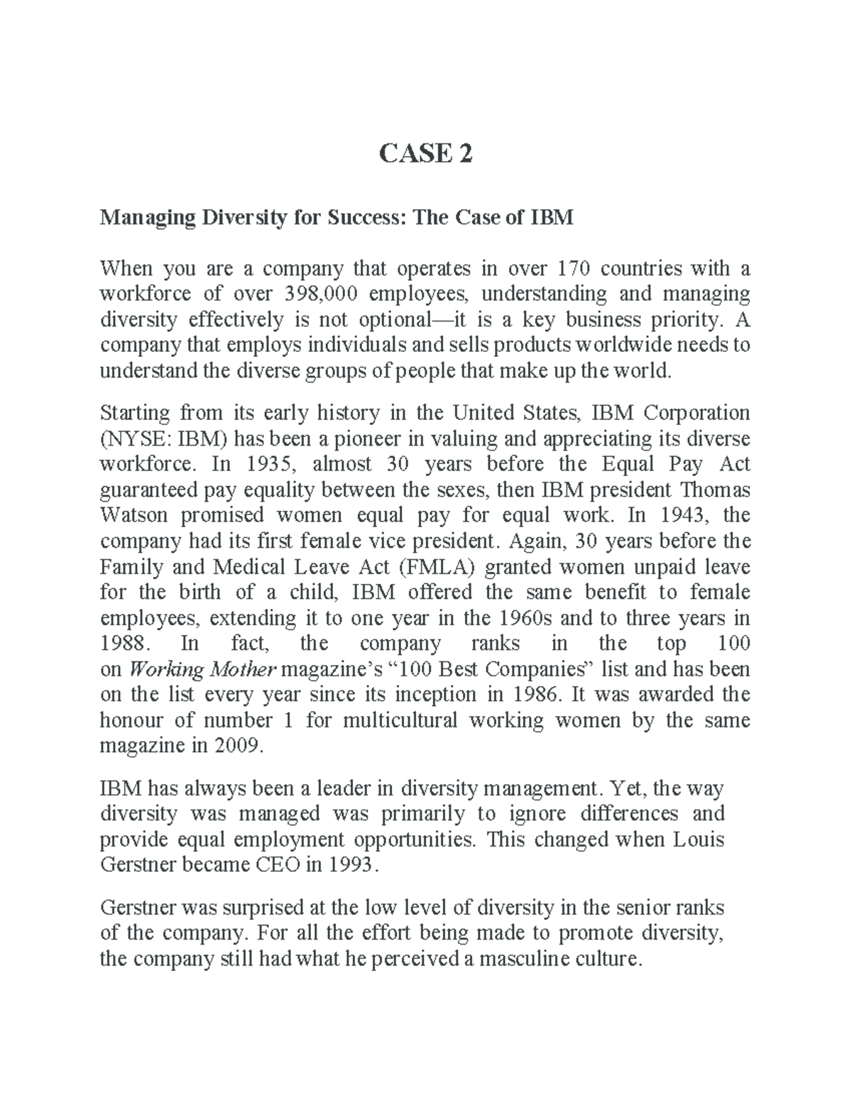 CASE-2 - Case - CASE 2 Managing Diversity for Success: The Case of IBM ...