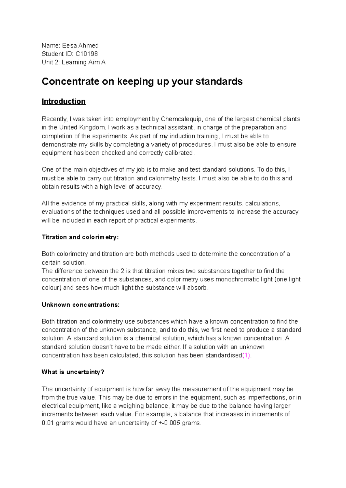 Applied Science Unit 2A Assignment: Standards in Titration and ...