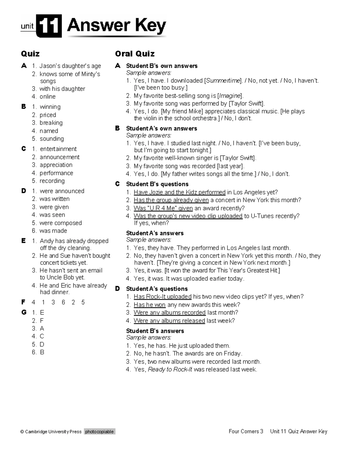FC3 Quiz Unit 12 Answer Key and Sample Responses - Studocu