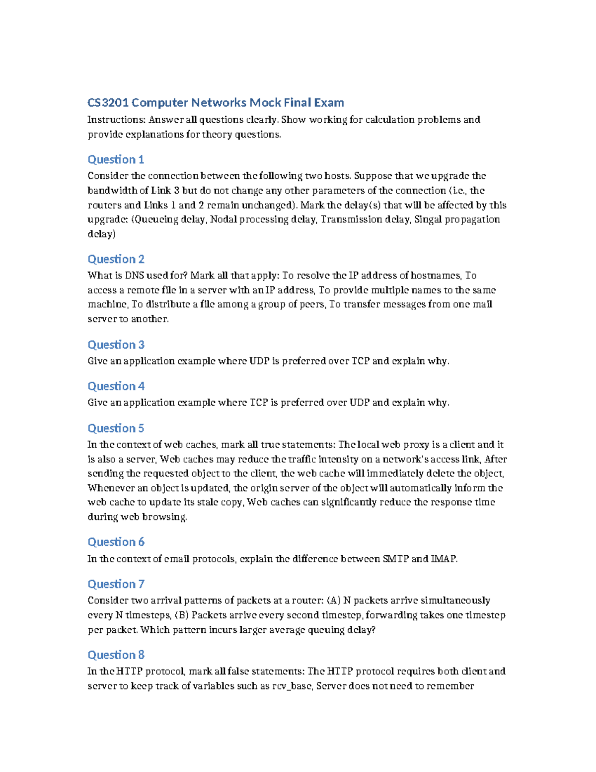 CS3201 Computer Networks Mock Final Exam Guide - Studocu