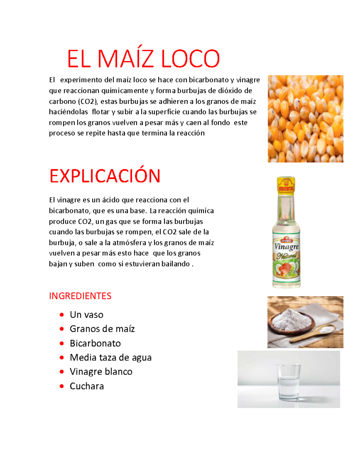 MAÍZ LOCO - Experimento Químico con Bicarbonato y Vinagre - Studocu