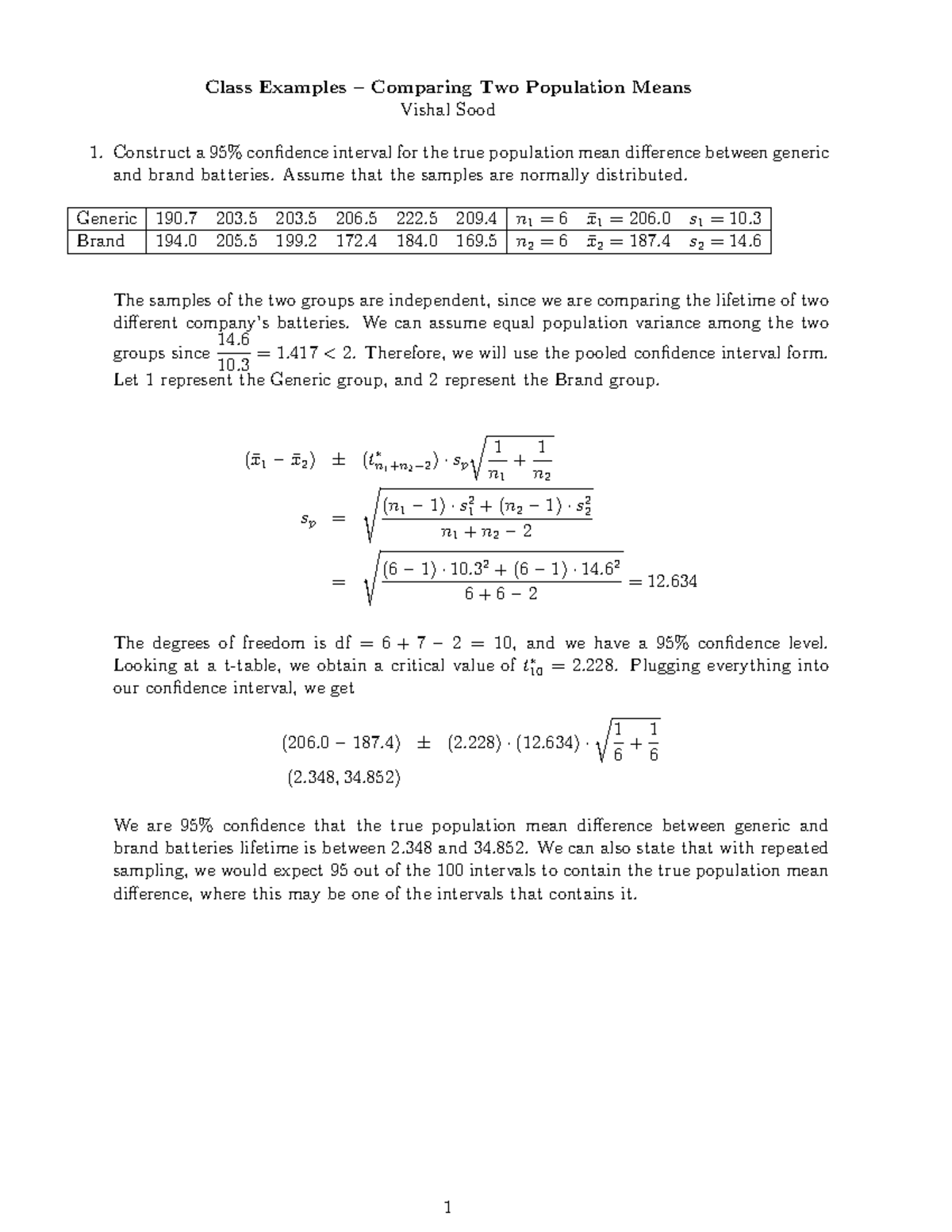 Class Examples - Comparing Two Population Means Solutions (STAT123 ...