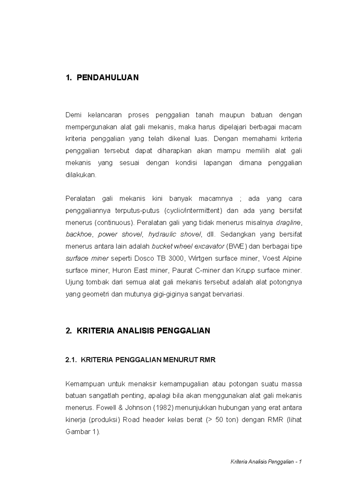 Kriteria Penggalian dengan Alat Gali Mekanis: RMR dan BWE - Studocu