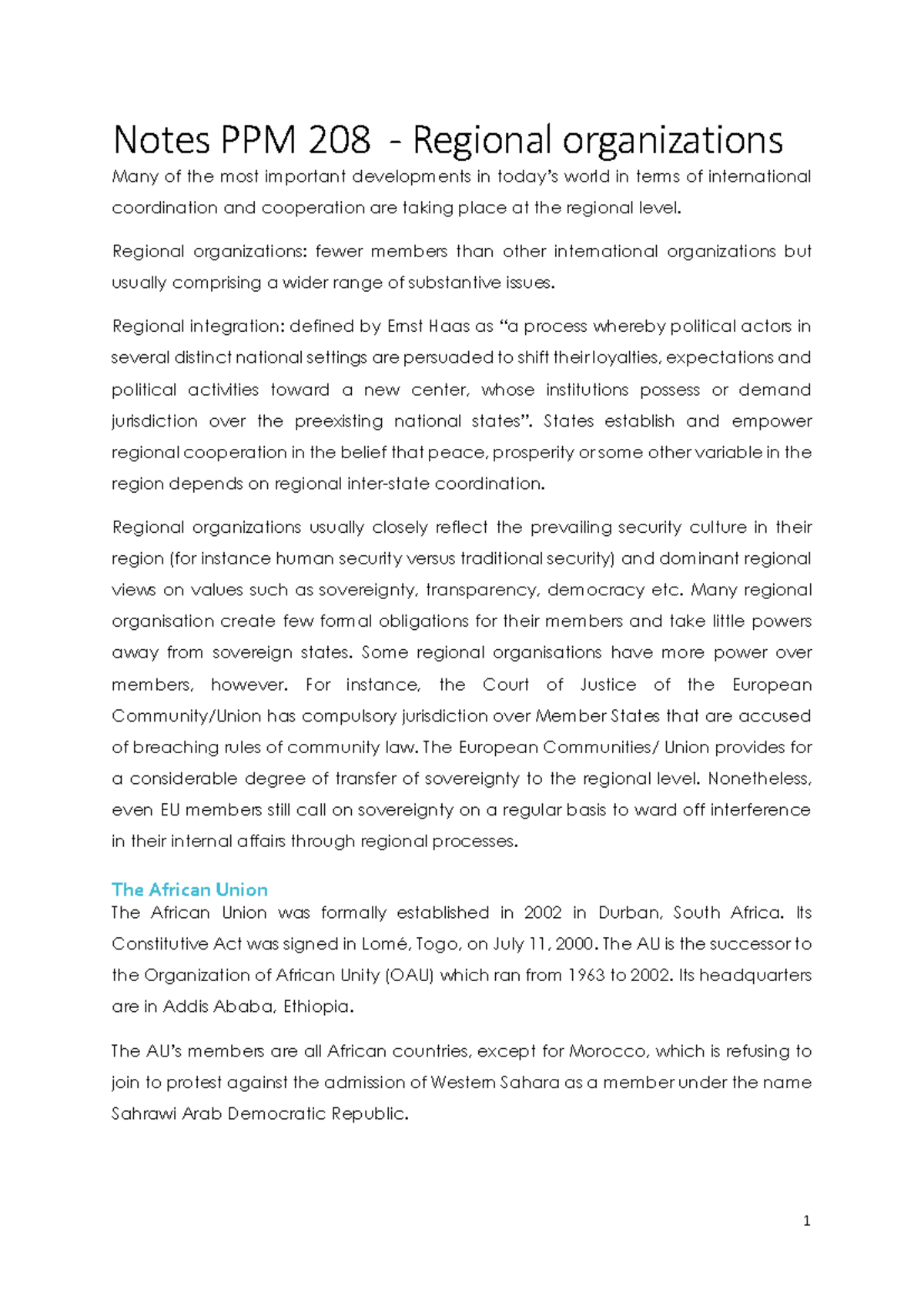 PPM 208 Lecture Notes: Regional Organizations and Their Impact - Studocu