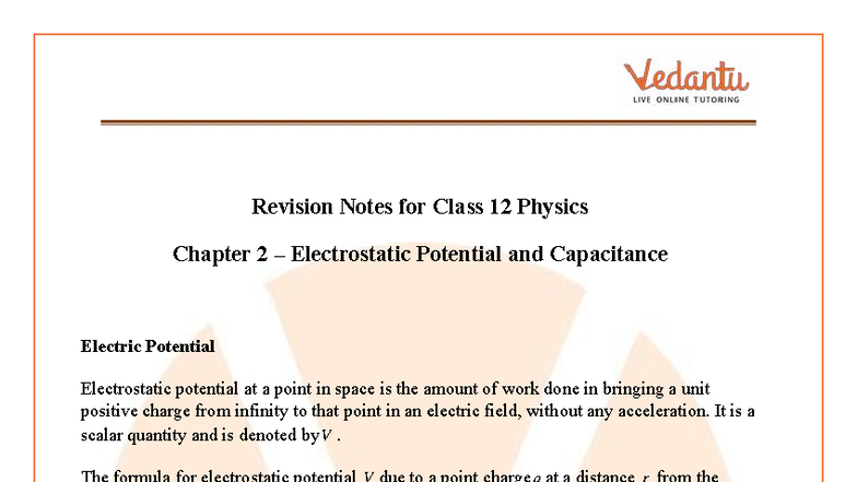 Class 12 Physics Revision Notes: Chapter 2 - Electrostatic Potential ...