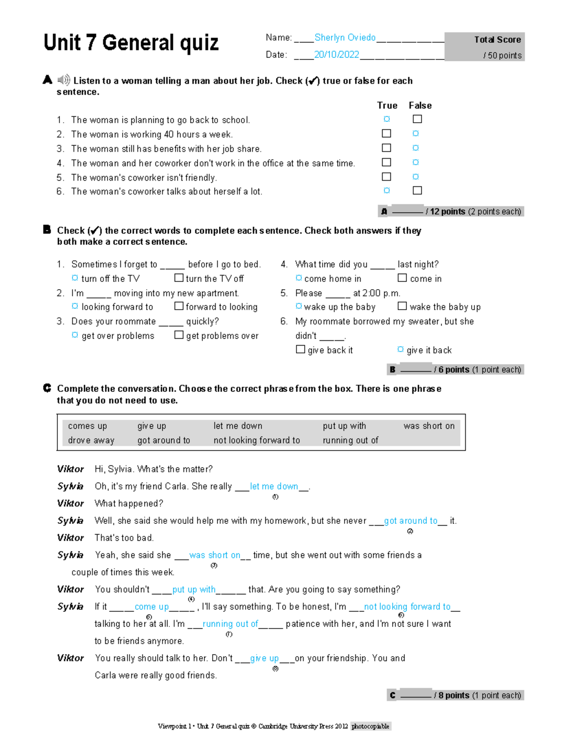 Unit 7 General Quiz Answers and Score Sheet - Studocu