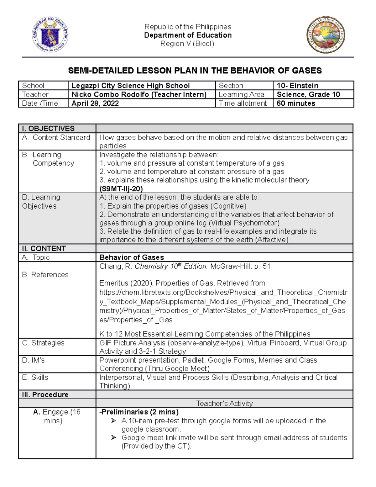Revised Lesson Plan on Behavior of Gases (S9MT-IIj-20) - Studocu