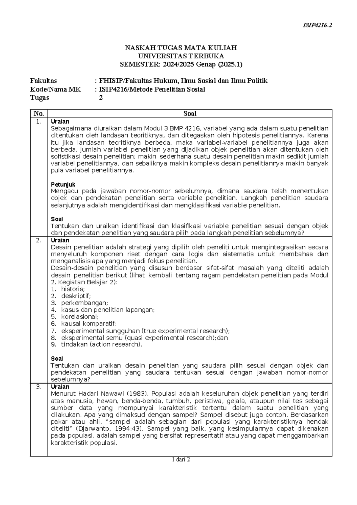 Tugas Penelitian Sosial 2: Identifikasi & Klasifikasi Variabel - ISIP4216 - Studocu