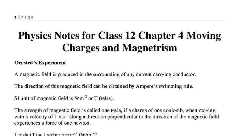 Class 12 Physics Chapter 4: Moving Charges and Magnetism Notes - Studocu