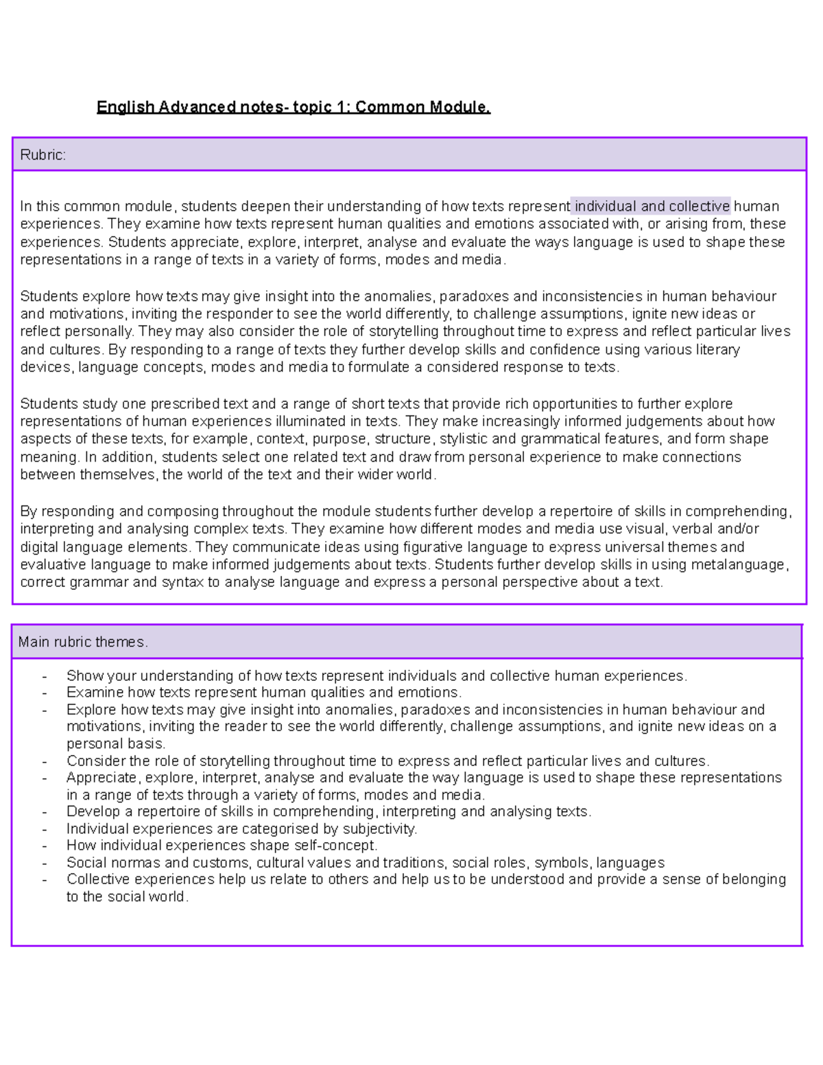 English Advanced - Topic 1: Analyzing Human Experiences in Texts - Studocu