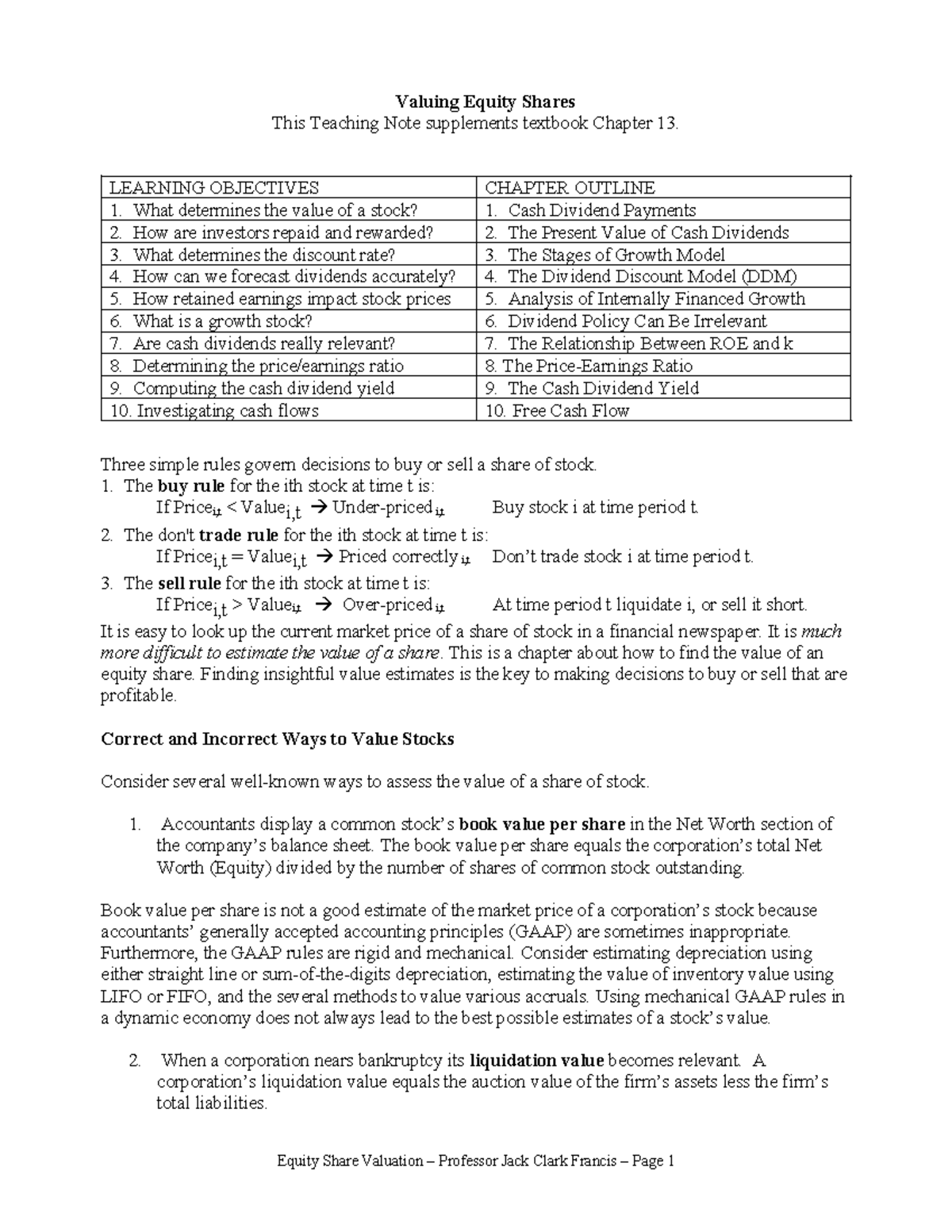 Equity Share Valuation CH 13 - Valuing Equity Shares This Teaching Note ...