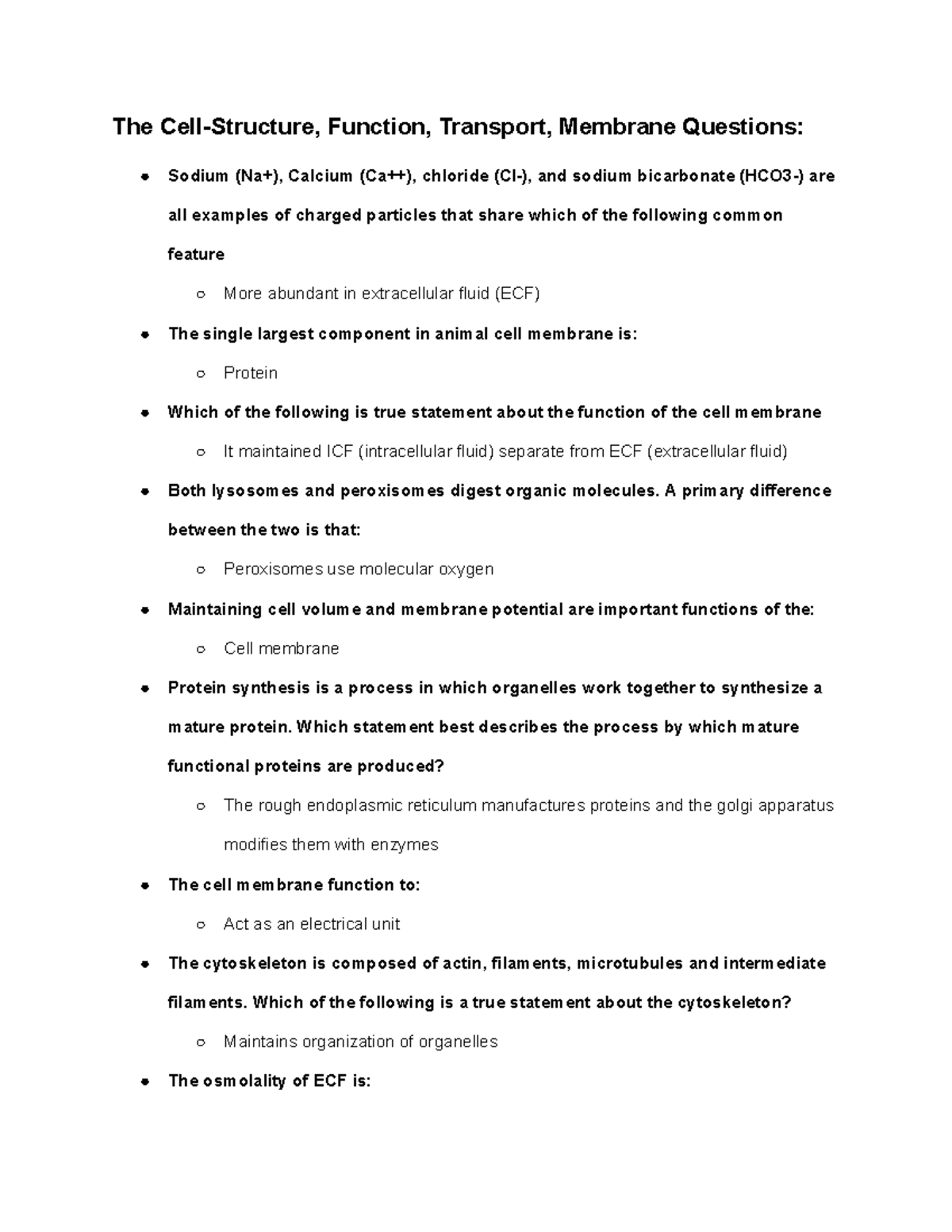 Pathophysiology Quiz (BIO 101): Cell Structure & Function Review - Studocu