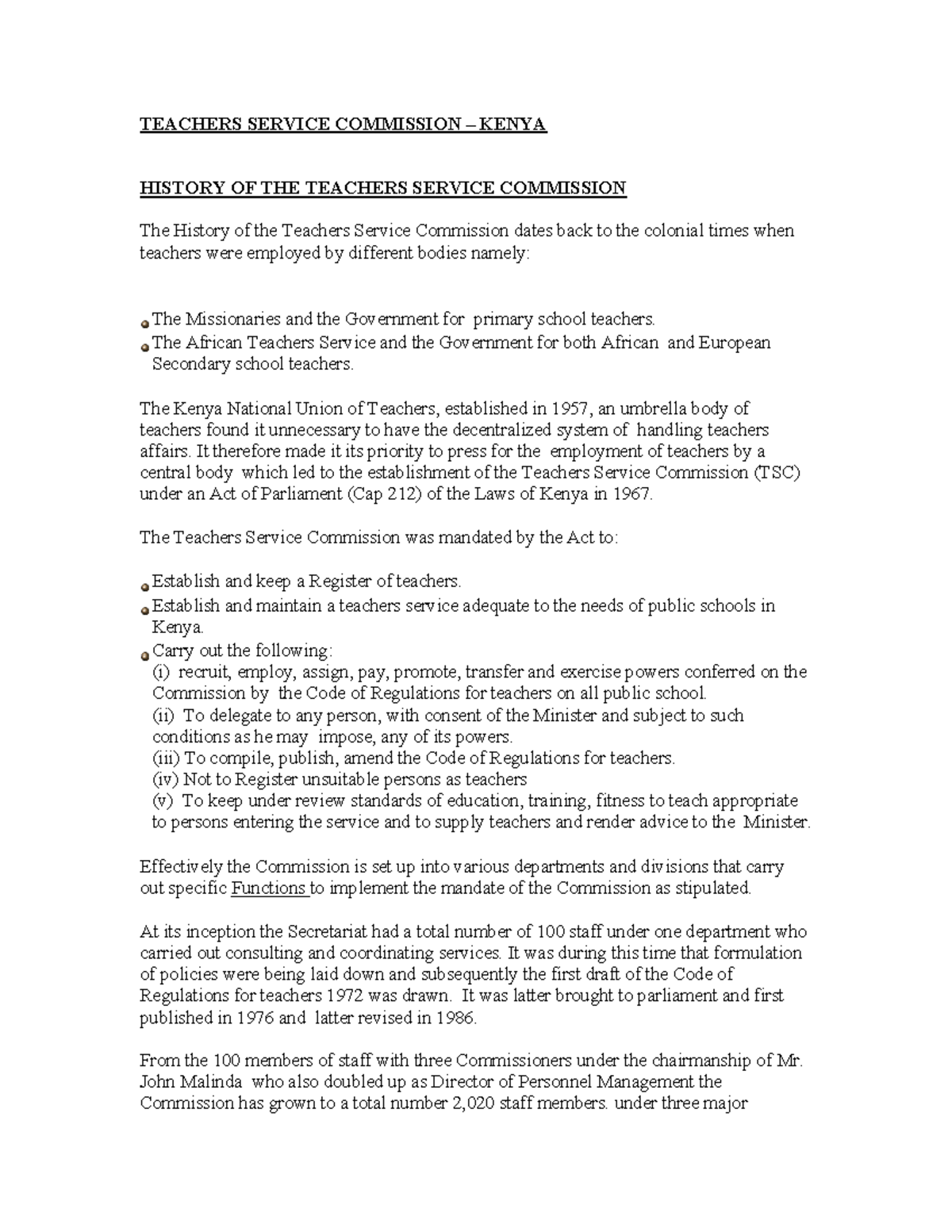 TSC Profile - Policy - TEACHERS SERVICE COMMISSION – KENYA HISTORY OF ...