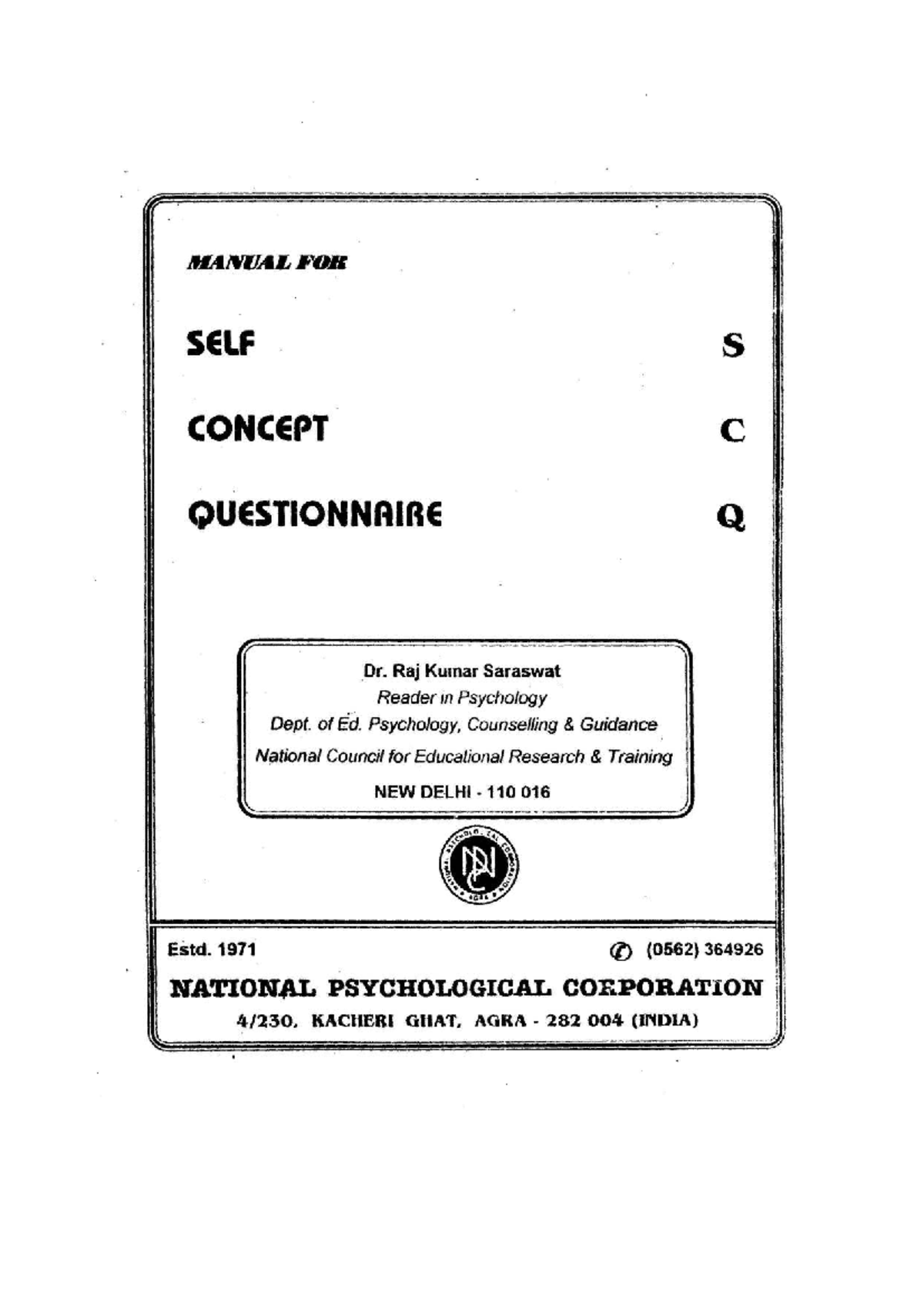 Manual for Self Concept Questionnaire (SCQ) - Dr. Raj Kumar Saraswat ...