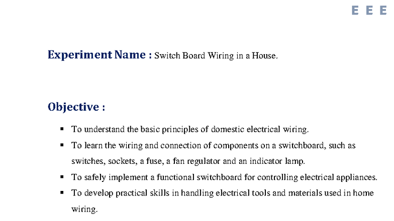 EEE Lab Report: Switchboard Wiring Experiment and Analysis - Studocu