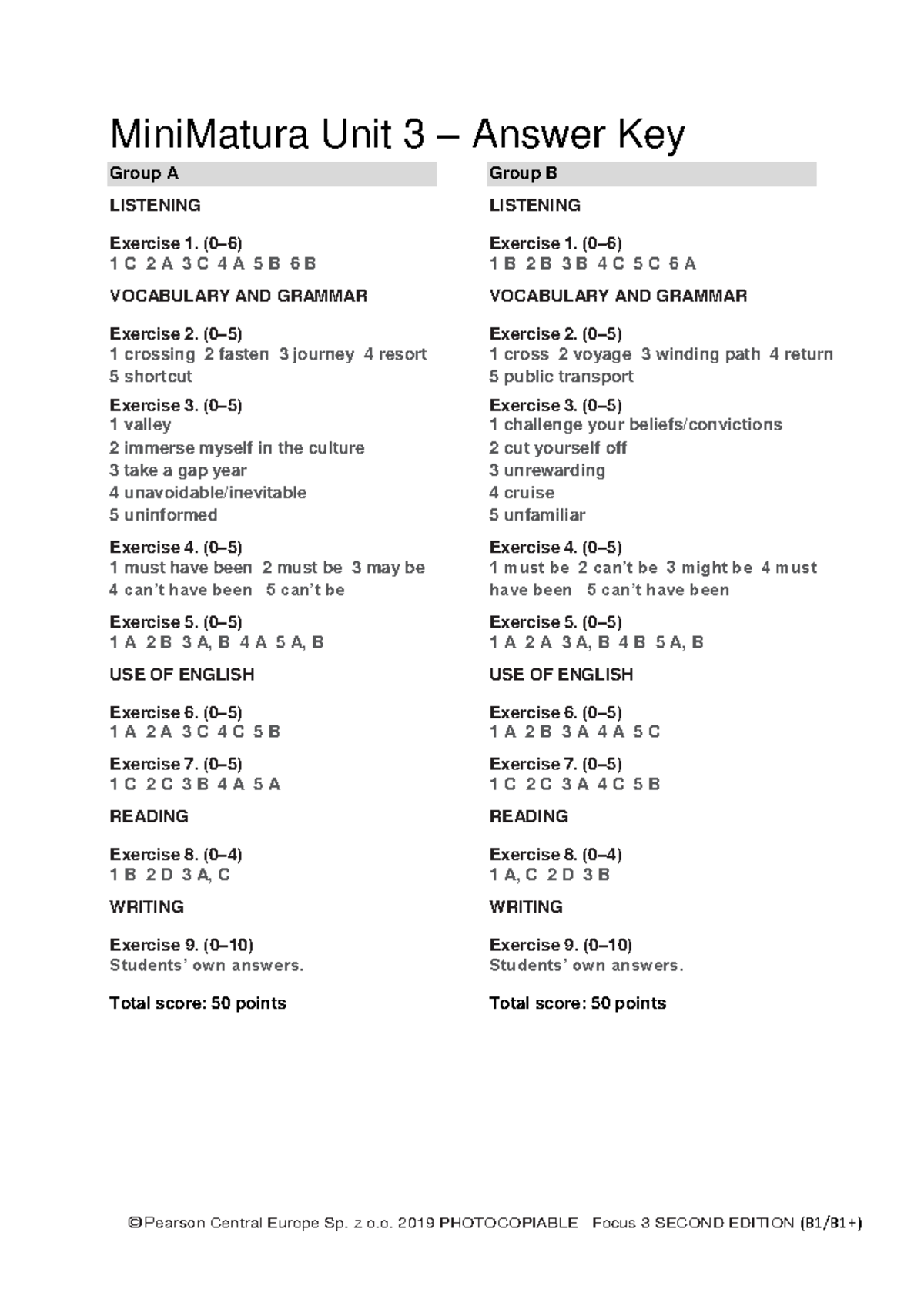 Focus 3 2E Mini Matura Unit 3 Answer Key and Solutions - Studocu