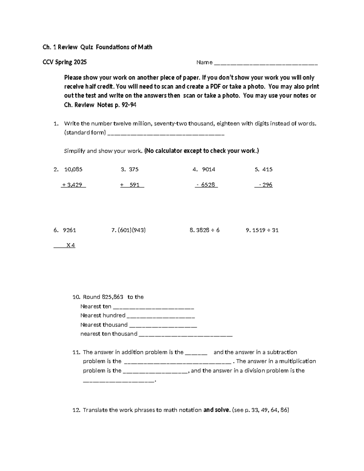 Quiz 1 Foundations of Math Spring 2025 - Ch. 1 Review Quiz Foundations ...