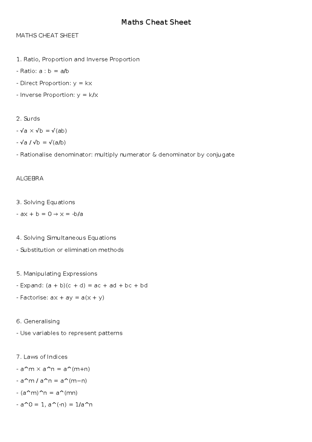 Maths Cheat Sheet: Key Concepts & Formulas for MATHS - Studocu