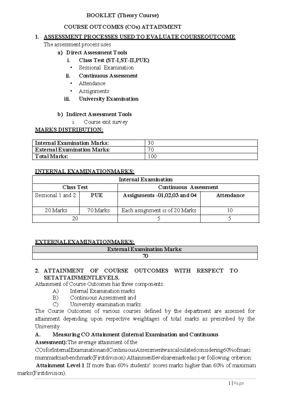 CO Attainment ( Papers) NEW new - Copy - BOOKLET (Theory Course) COURSE ...