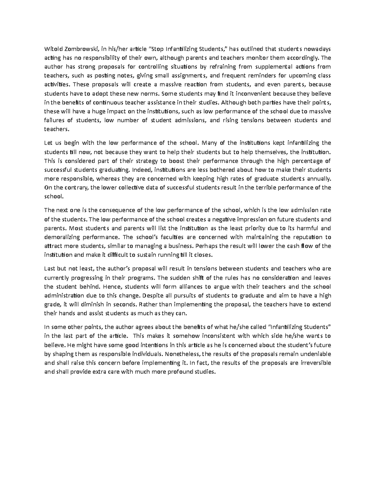 Essay Notes: The Impact of Infantilizing Students on Education - Studocu