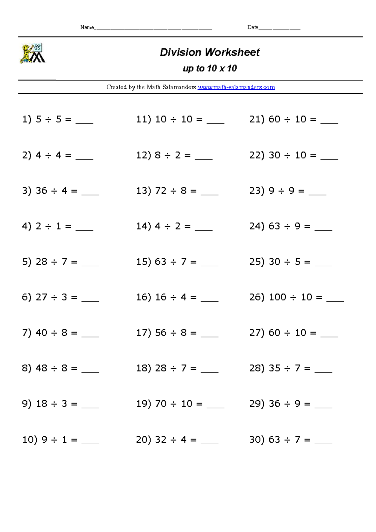 Division Worksheet (1-10) by Math Salamanders - Studocu