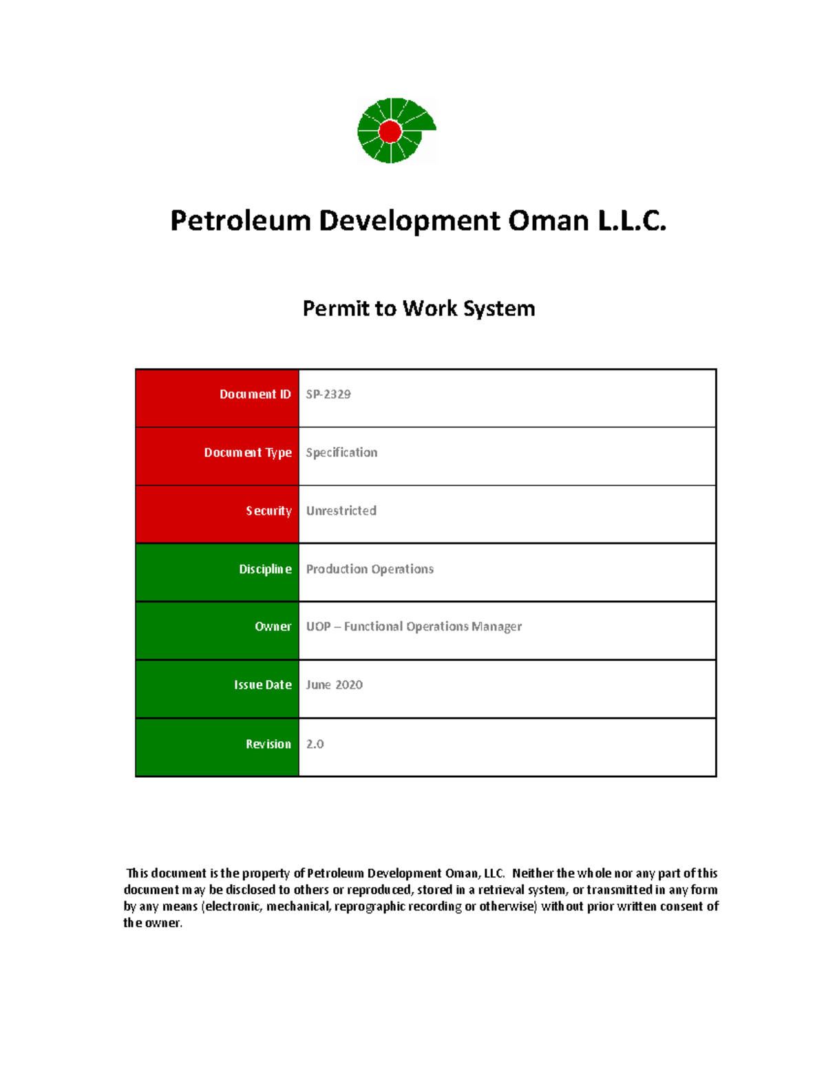 SP-2329: Permit to Work (PTW) Specification for PDO Operations - Studocu