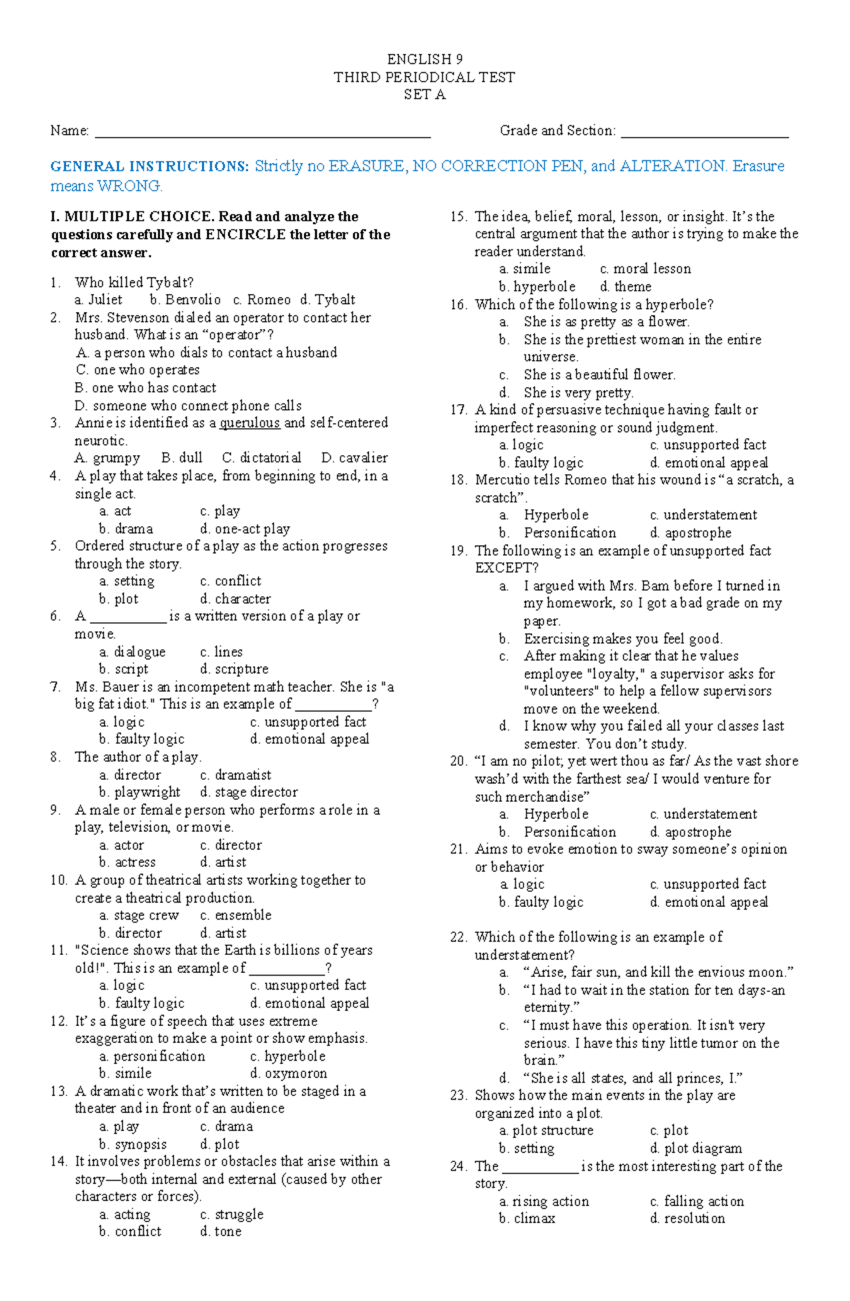English 9: Third Periodical Test (Set A) 2023-2024 Answers - Studocu