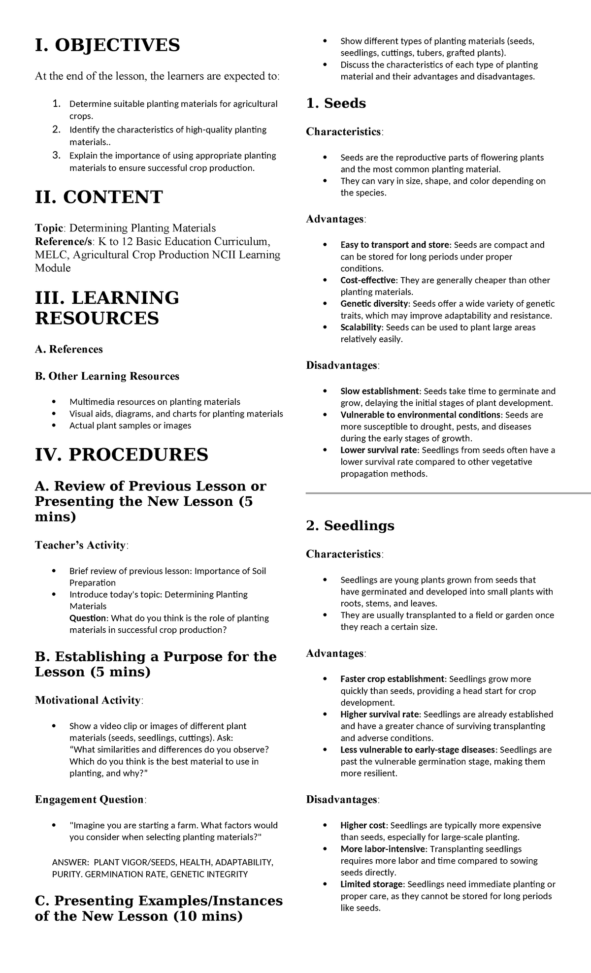 AGRI 101: Summary Notes on Selecting Planting Materials for Crops - Studocu