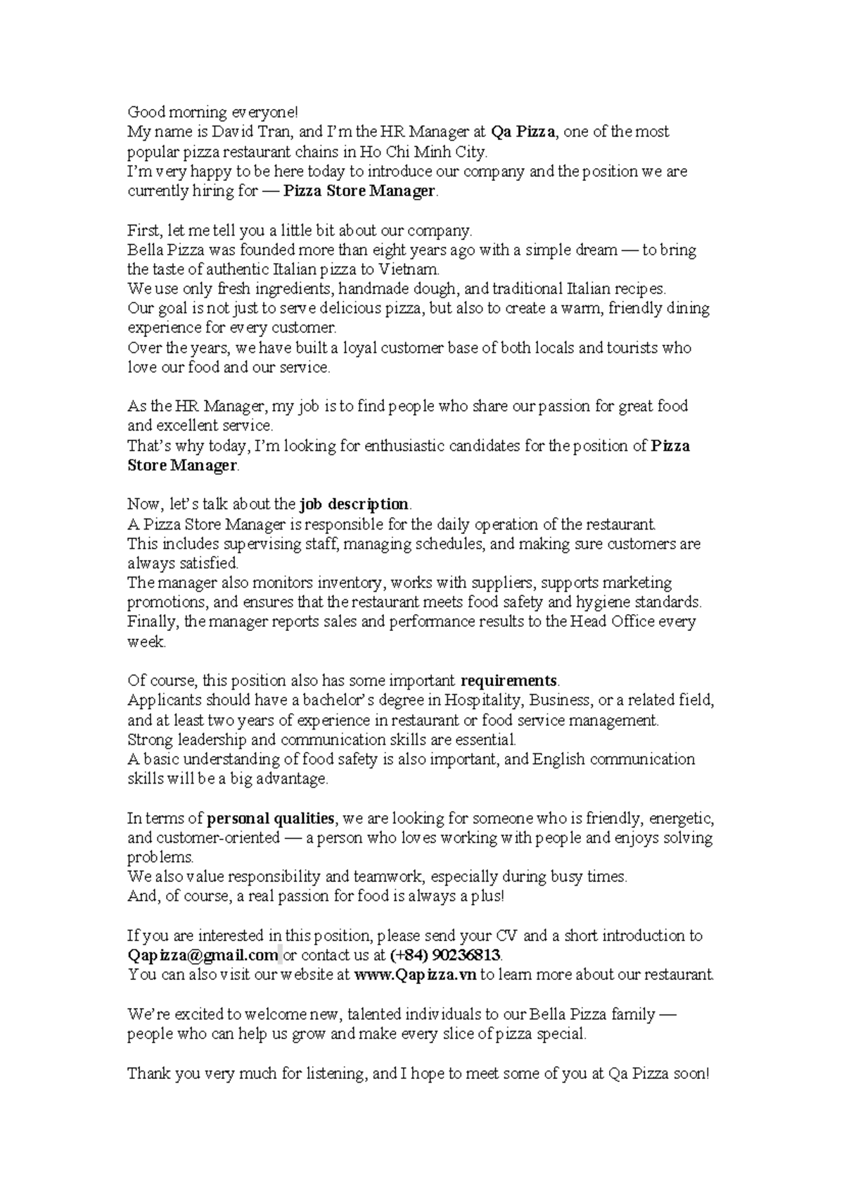 Pizza Store Manager Position Overview at Qa Pizza - Studocu