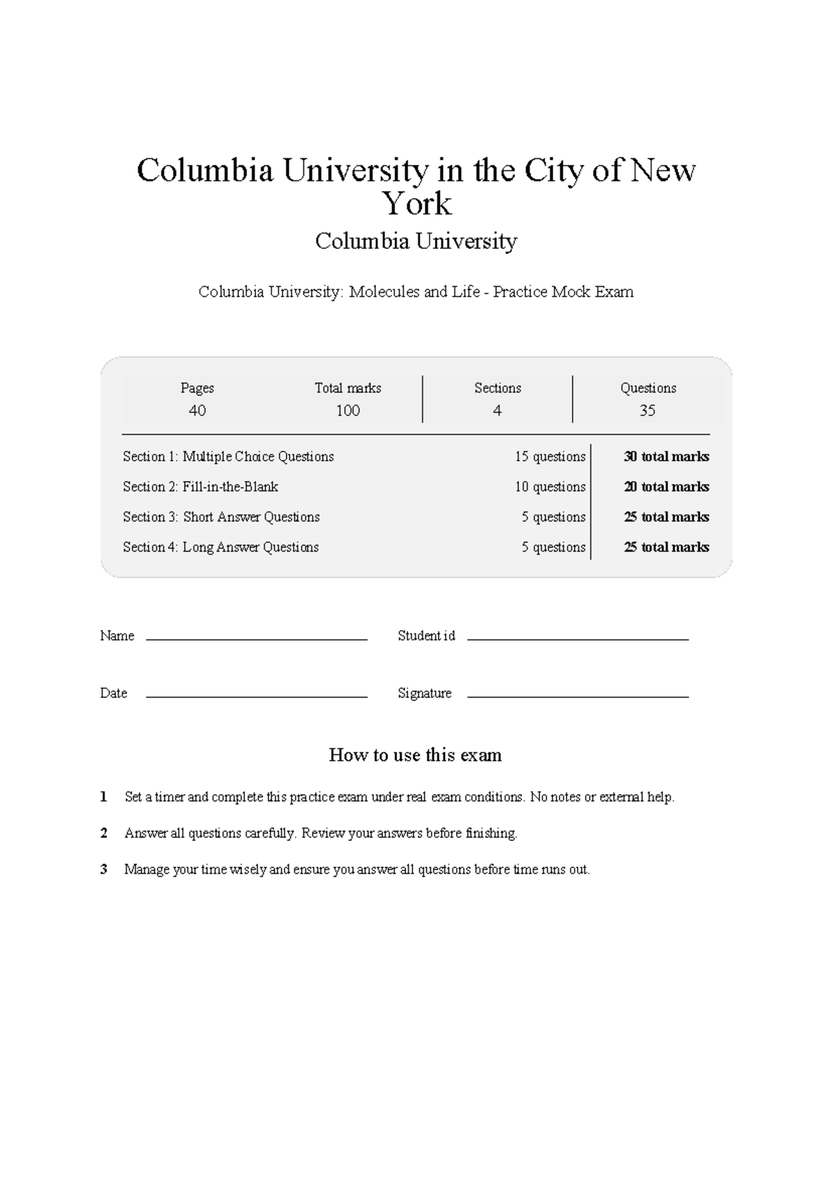 IEOR 4745 Columbia University Molecules and Life Mock Exam 2026 - Studocu