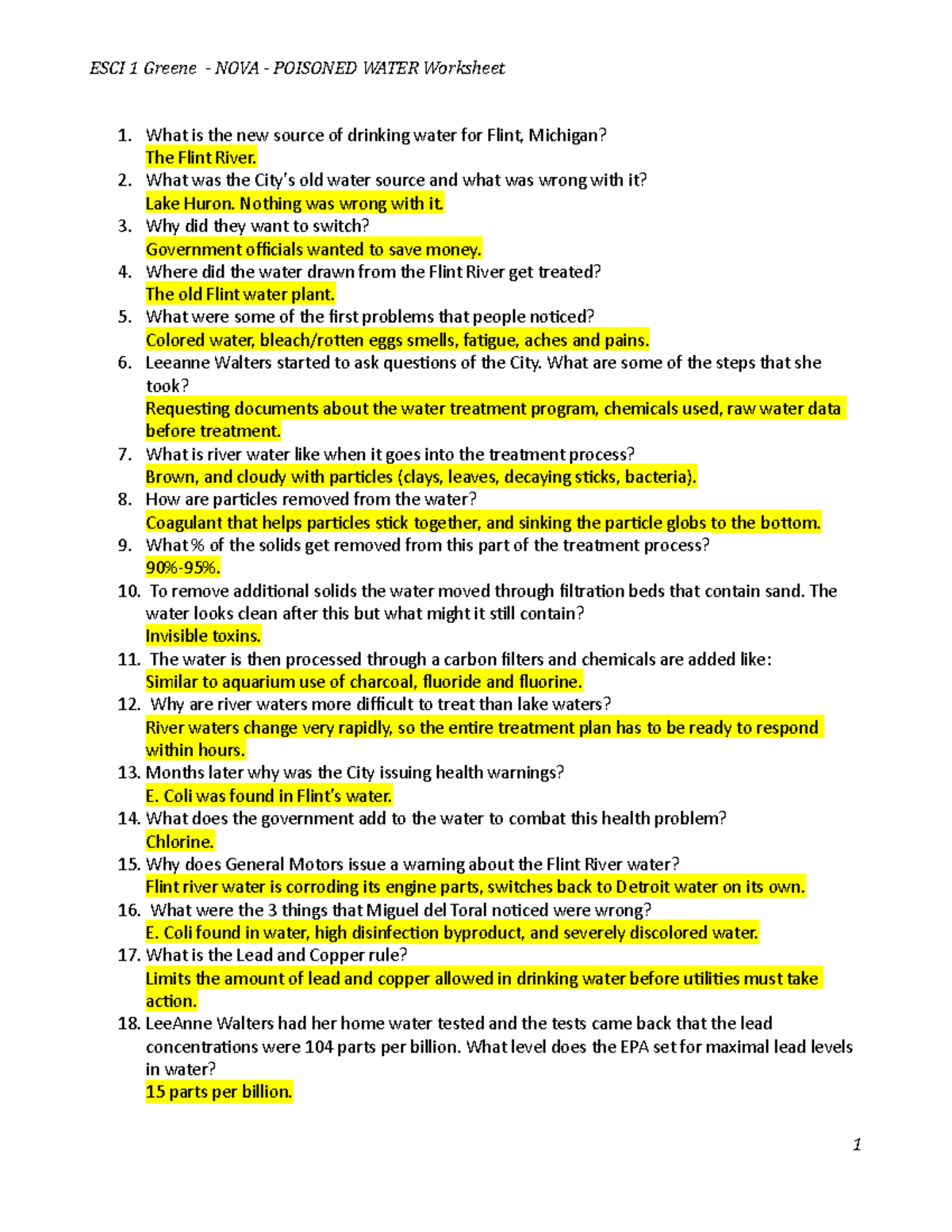 Poisoned Water Worksheet - What is the new source of drinking water for ...