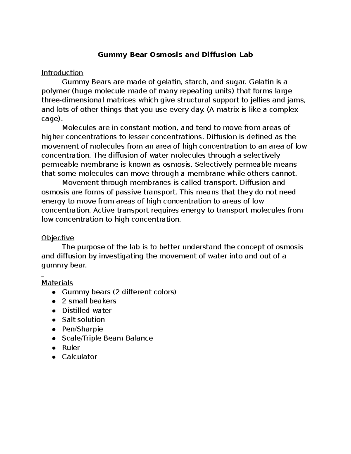 Gummy Bear Osmosis and Diffusion Lab Report - Kristen Banuelos - Studocu